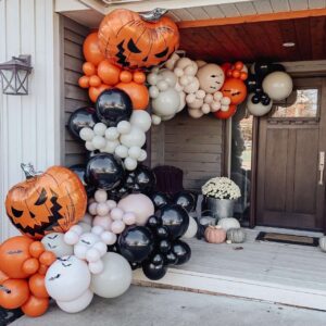 halloween balloon arch garland kit 168pcs large pumpkin orange black white sand balloons 3d bat stickers for halloween party decorations