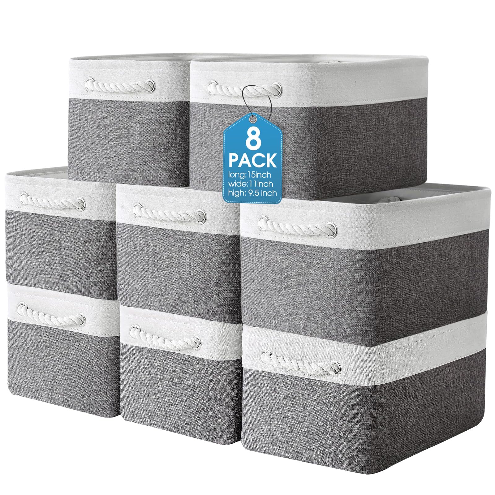 meekoo 8 Pack Collapsible Storage Bins Fabric Storage Bins Polyester Fabric Storage Baskets with Handles Linen Closet Organizer for Shelf Home Closet Towels Toys (Gray White,15 x 11 x 9.5 In)