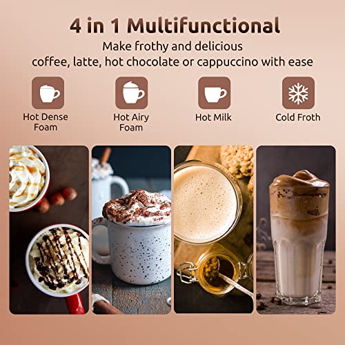 Milk Frother, 4-in-1 Milk Frother and Steamer for Hot and Cold Foam, Electric Milk Frother for Coffee, Latte, Cappuccino, Milk Steamer with Non-Stick Interior, Ergonomic Grip Design, ETD certification