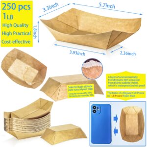 MotBach 250 Pack 1Lb Paper Food Boat Trays Disposable Paper Boats,Brown Kraft Paper Food Trays Paper Food Serving Boat Tray Basket for Snacks Fries Popcorn Sauce Tacos Bakery Nacho