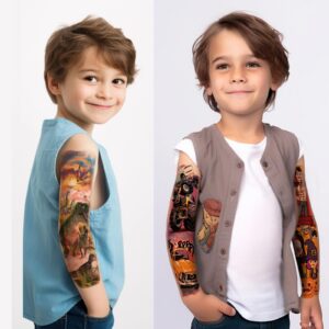 52 Sheets Kids Full Arm Temporary Tattoo, Fake Tattoos Sticker for Kids, Dinosaur Monster Car Planet Spider Shark Fake Tattoo for Boy, Unicorn Princess Castle Dolphins Temporary Tattoos for Girl