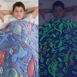 glow in the dark dinosaur blanket gifts for boys girls dinosaur baby blanket for kids soft plush blue dinosaur throw blanket for toddler newborn dinosaur birthday chirstmas present 50''x60''