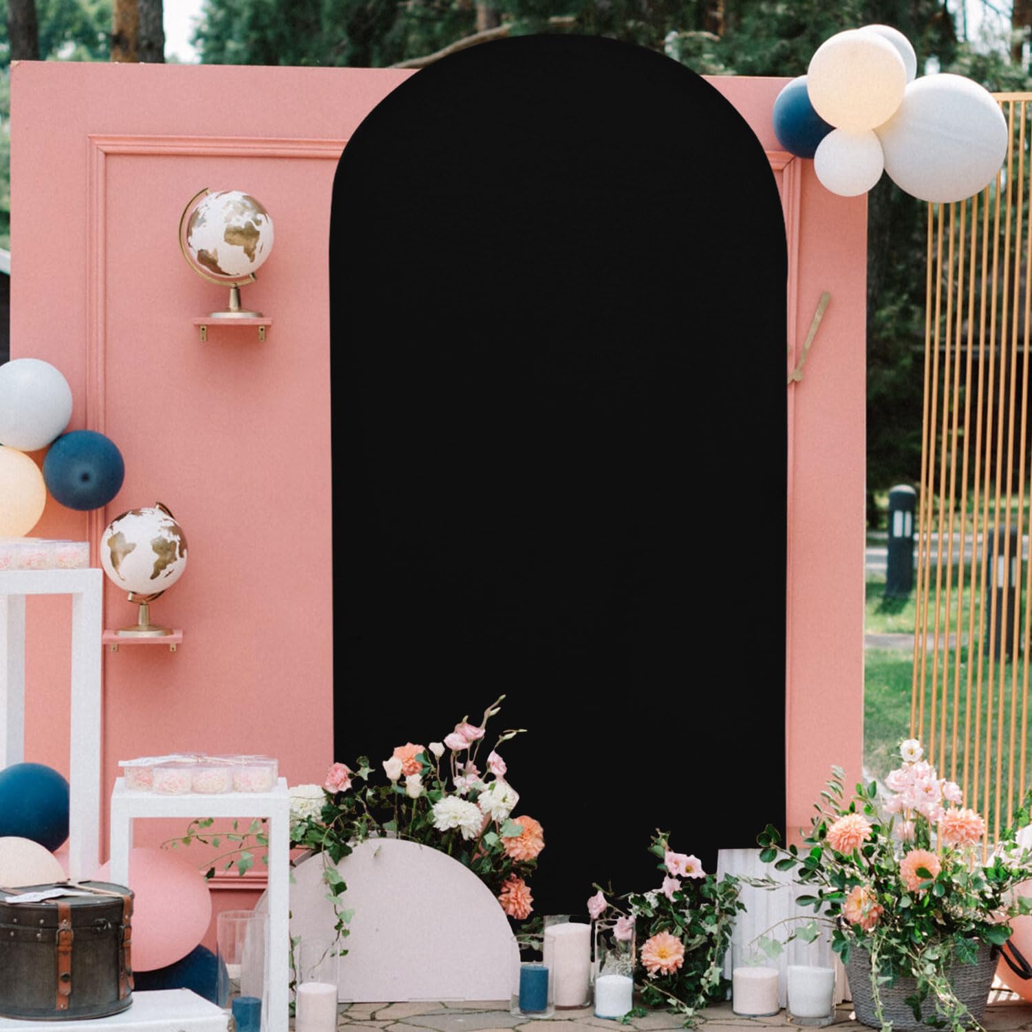 FOTSHARER Wedding Arch Cover Black Arch Backdrop Cover 2.6x6 FT Spandex Fitted Round Top Backdrop Spandex Wedding Arch Stand Covers Stretch Photography Background for Birthday Party Ceremony