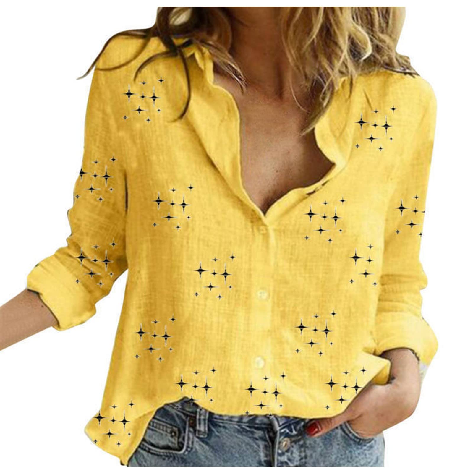 Women's V Neck Button Down Shirt Cotton Linen Long Sleeve Casual Collared Work Blouses Top Vintage Print Outerwear Yellow