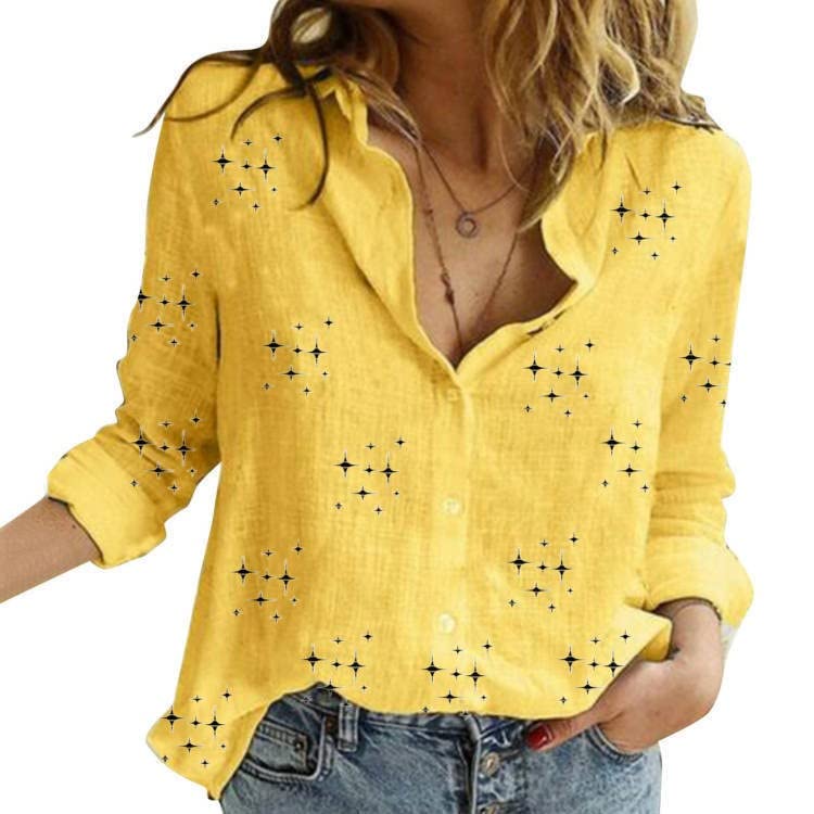 Women's V Neck Button Down Shirt Cotton Linen Long Sleeve Casual Collared Work Blouses Top Vintage Print Outerwear Yellow