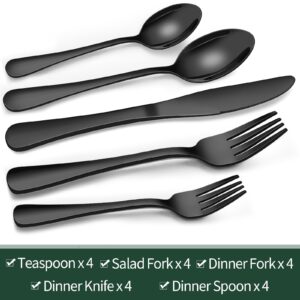 20-Piece Black Silverware Set, EWFEN Black Flatware Set for 4, Food-Grade Stainless Steel Tableware Cutlery Set, Mirror Finished Utensil Sets for Home Restaurant