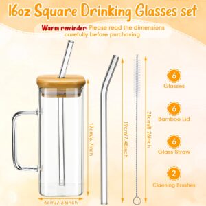 Rtteri 6 Set Square Glass Cups Drinking Glasses with Bamboo Lid Straw and Handle Portable Coffee Mugs for Graduation Party Mother's Day Gifts(Clear, 16 oz, Medium)