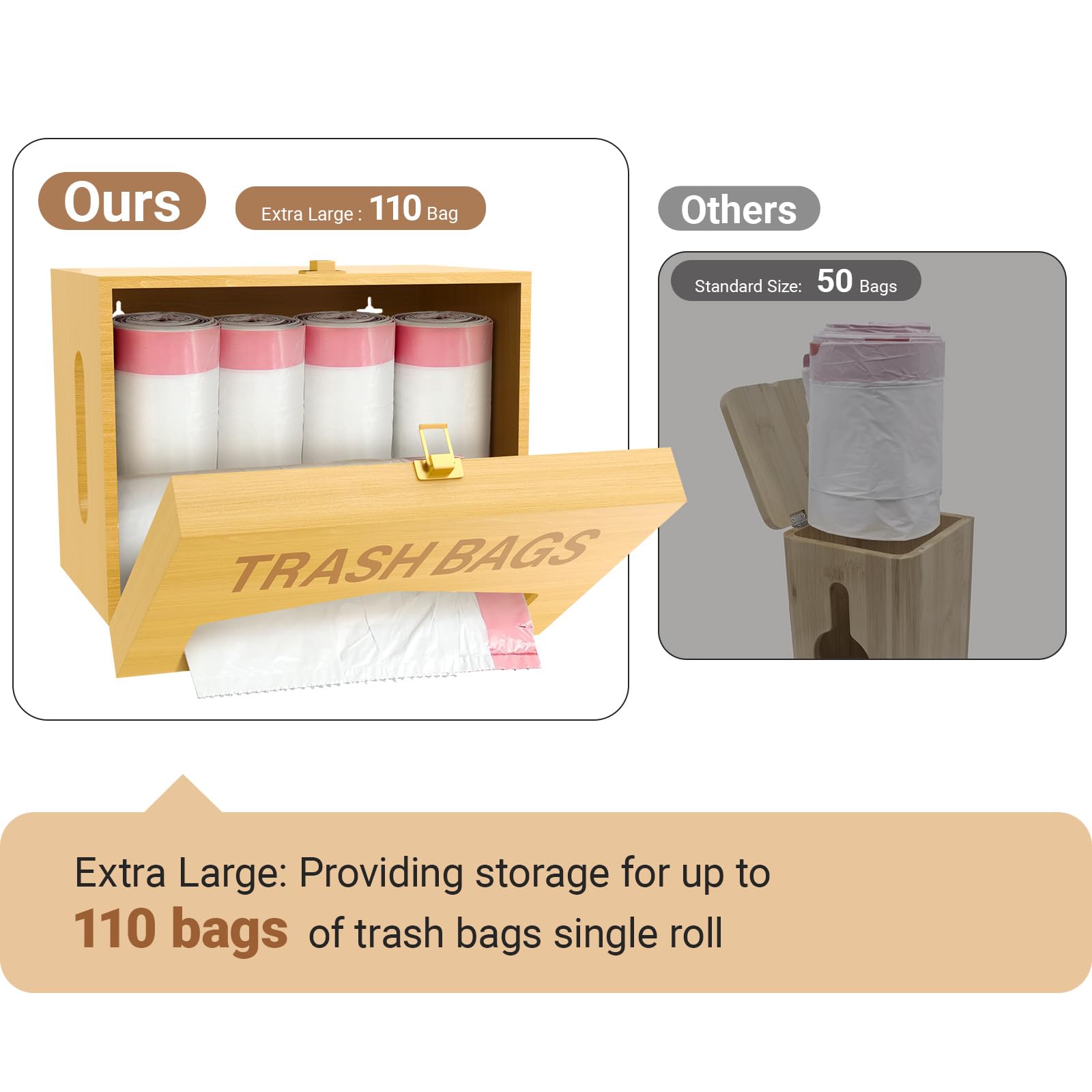 KOCWELL Extra Large Trash Bag Dispenser Roll Holder,Garbage Bag Dispenser Holder Under Sink, Bamboo Wall Mounted Kitchen Trash Bag Dispenser,Organization and Storage,Trash Bags Holder