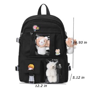 Qyrno Kawaii Backpack with Cute Accessories Cute Backpack Aesthetic Backpack DIY Backpack Clear Backpack (3-Black)