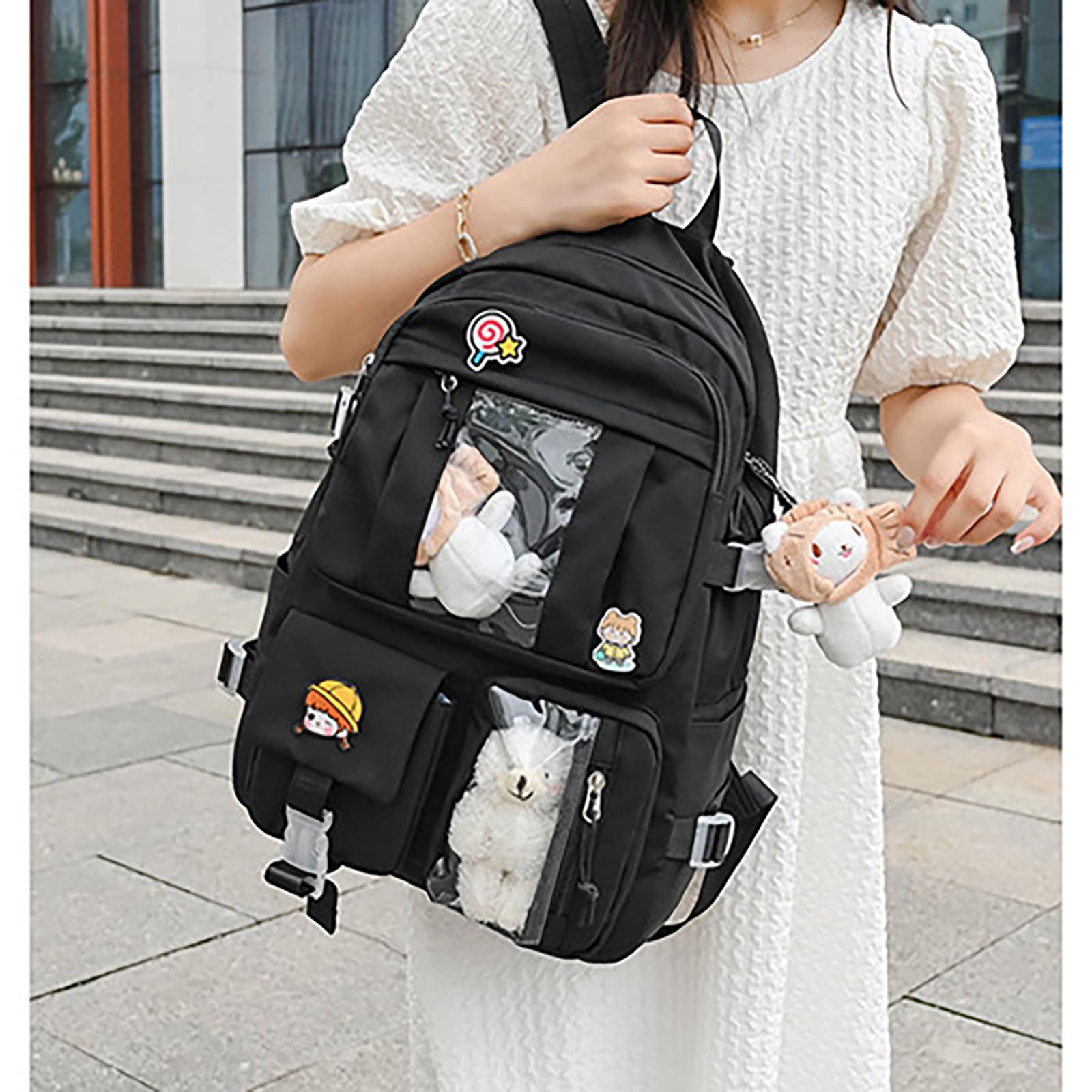 Qyrno Kawaii Backpack with Cute Accessories Cute Backpack Aesthetic Backpack DIY Backpack Clear Backpack (3-Black)