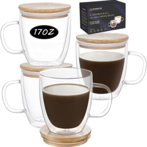 Double Wall Glass Coffee Mugs - 17 Oz Clear Coffee Mug Set of 4 Double Insulated Glass Coffee Mug With Lid Borosilicate Glass Cups Cappuccino Latte Espresso Tea Cups Dishwasher & Microwave Safe