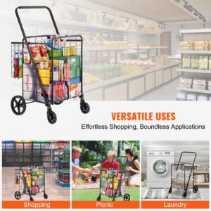 VEVOR Folding Shopping Cart, Jumbo Grocery Cart with Double Baskets, 360° Swivel Wheels, Heavy Duty Utility Cart, 110 LBS Large Capacity Utility Cart for Laundry, Shopping, Grocery, Luggage