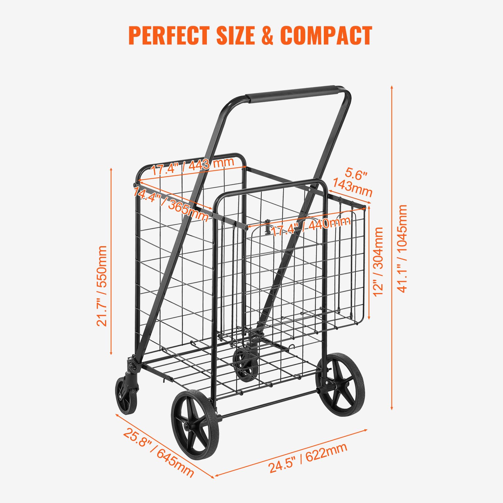 VEVOR Folding Shopping Cart, Jumbo Grocery Cart with Double Baskets, 360° Swivel Wheels, Heavy Duty Utility Cart, 110 LBS Large Capacity Utility Cart for Laundry, Shopping, Grocery, Luggage