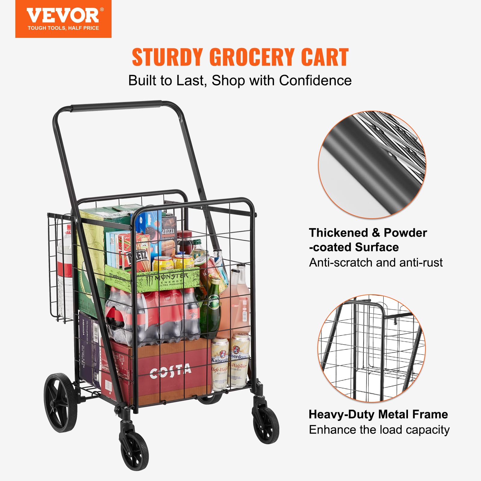 VEVOR Folding Shopping Cart, Jumbo Grocery Cart with Double Baskets, 360° Swivel Wheels, Heavy Duty Utility Cart, 110 LBS Large Capacity Utility Cart for Laundry, Shopping, Grocery, Luggage