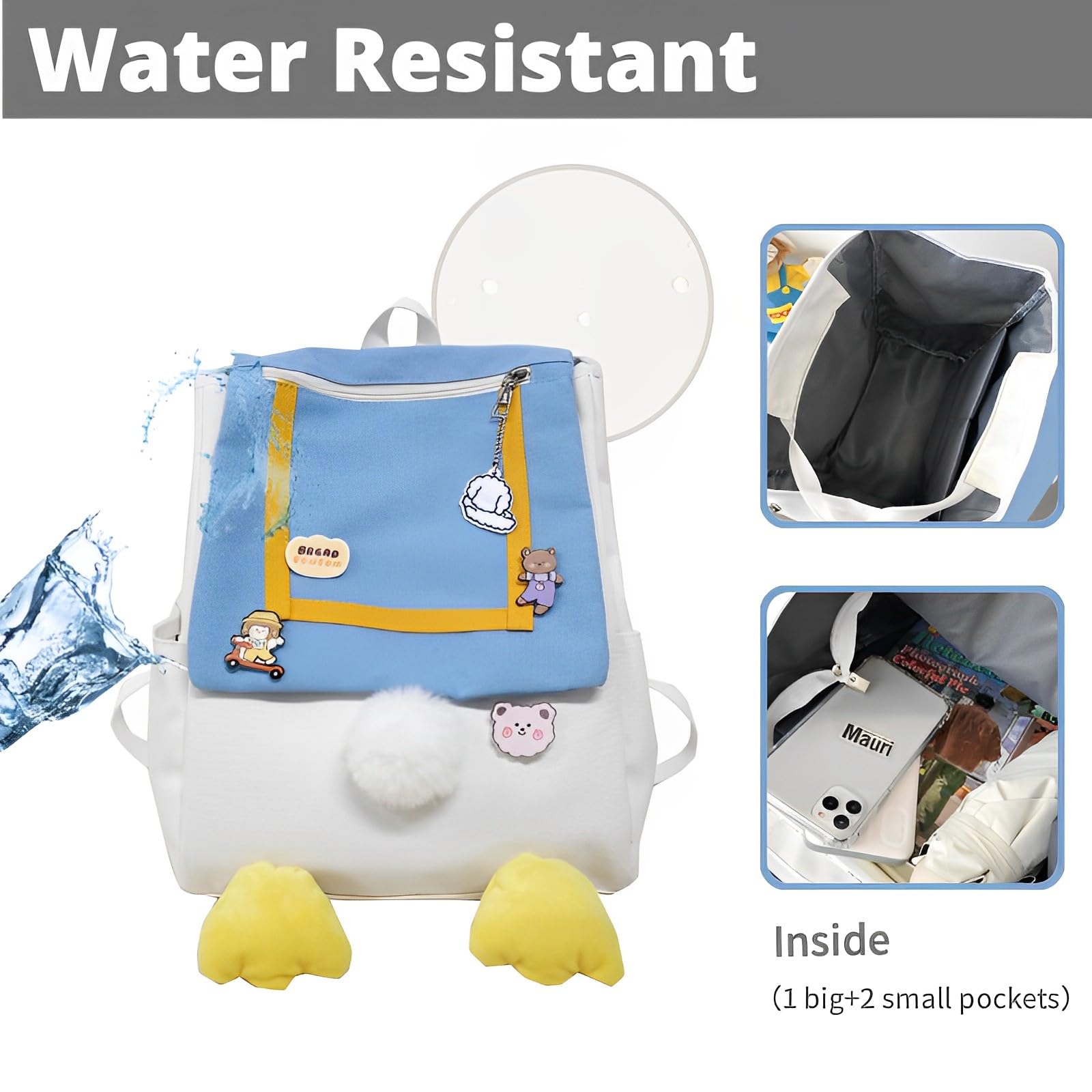 ooibnn Kawaii Backpack With Cute Accessory WithAnti-thief Pocket Pins Blue And Yellow Cute Duck Lightweight Laptop Bag