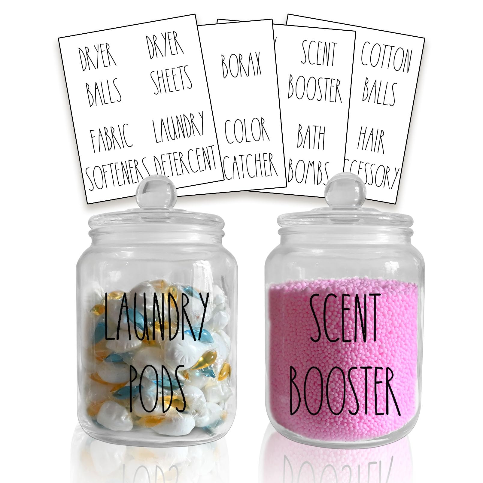 Laundry Room Organization Jars with Labels, Glass Containers for Laundry Detergent Laundry Powder, Farmhouse Laundry Pods Storage Organizers, Laundry Soap Dispenser, Scent Booster Holder (Clear)