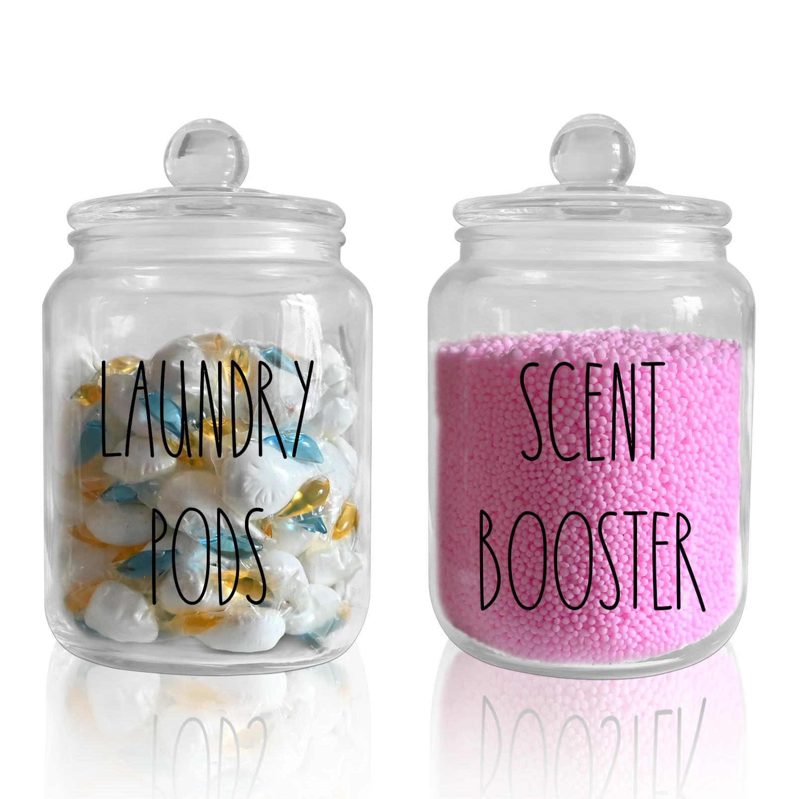 Laundry Room Organization Jars with Labels, Glass Containers for Laundry Detergent Laundry Powder, Farmhouse Laundry Pods Storage Organizers, Laundry Soap Dispenser, Scent Booster Holder (Clear)