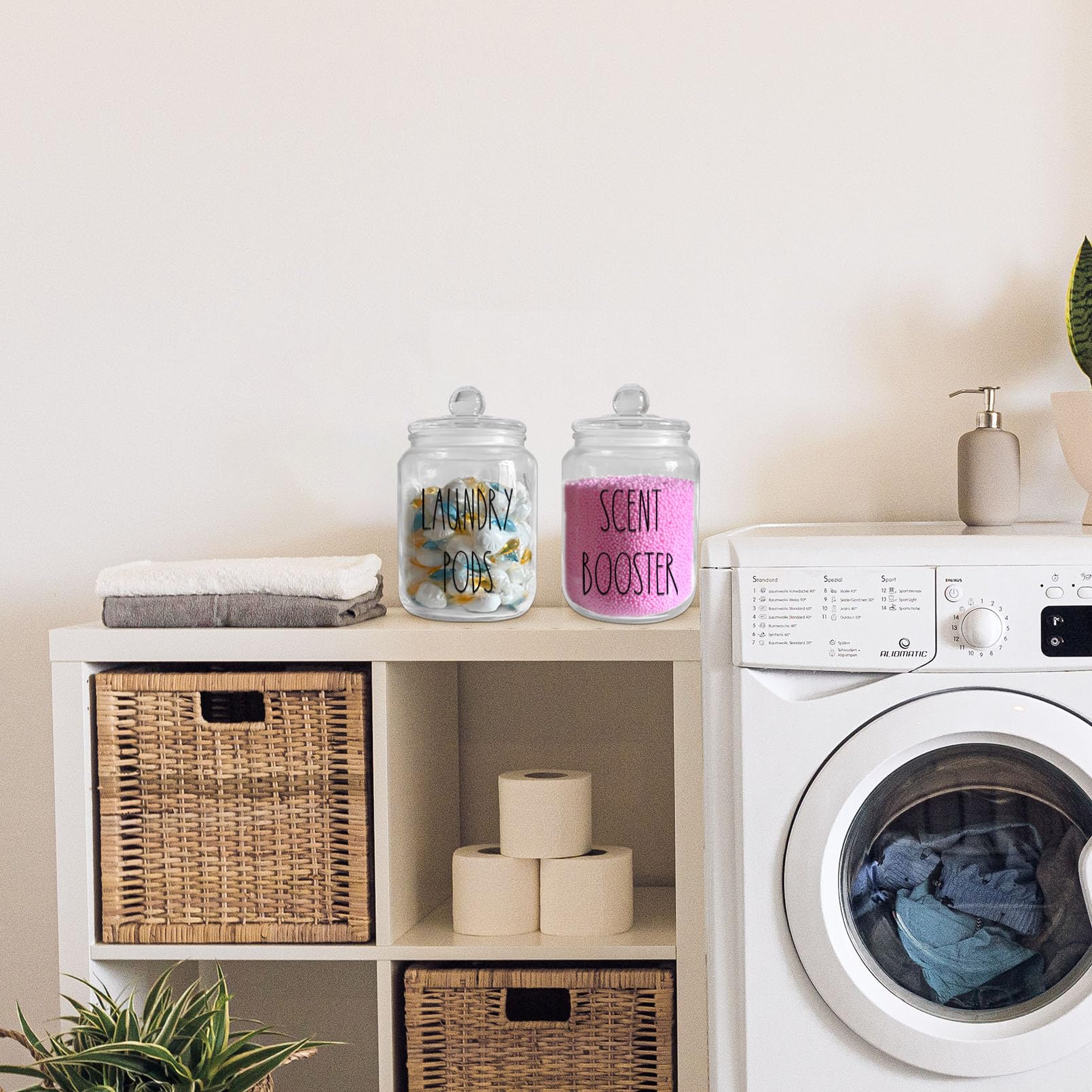 Laundry Room Organization Jars with Labels, Glass Containers for Laundry Detergent Laundry Powder, Farmhouse Laundry Pods Storage Organizers, Laundry Soap Dispenser, Scent Booster Holder (Clear)