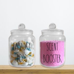 Laundry Room Organization Jars with Labels, Glass Containers for Laundry Detergent Laundry Powder, Farmhouse Laundry Pods Storage Organizers, Laundry Soap Dispenser, Scent Booster Holder (Clear)