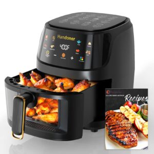 handoner air fryer max xl air fryer oven 6.5-qt, exclusive recipes quick and easy meals, healthy cooking 8-in-1 presets visible cooking window diy oilless airfryer customized temp/time