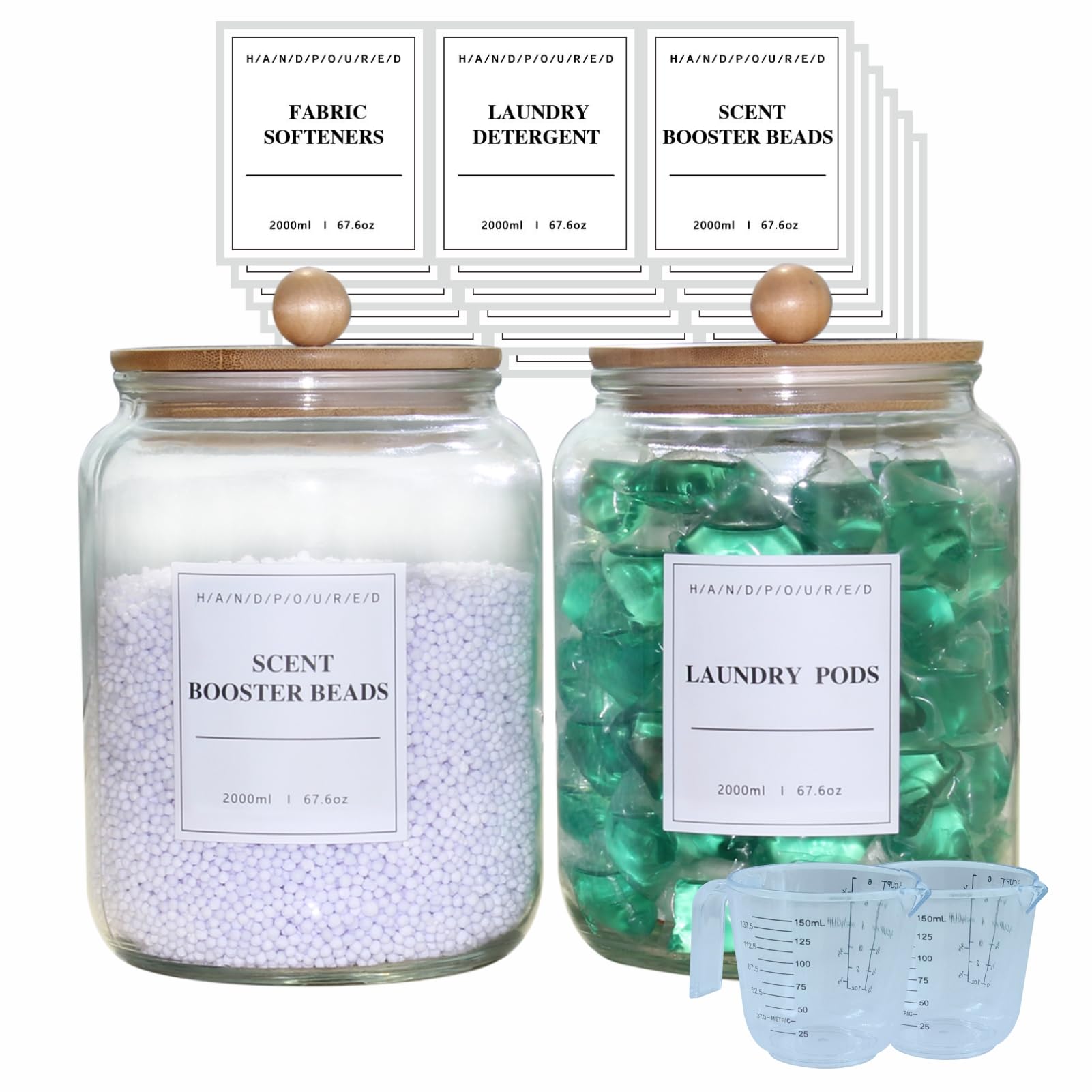 TAAMOG 2 Pack Half Gallon Glass Jars For Laundry Room Organization And Storage, Glass Containers With Bamboo Lids, 18 Pre-Printed Labels, 2 Measuring Cup, Airtight Seal, Dishwasher Safe