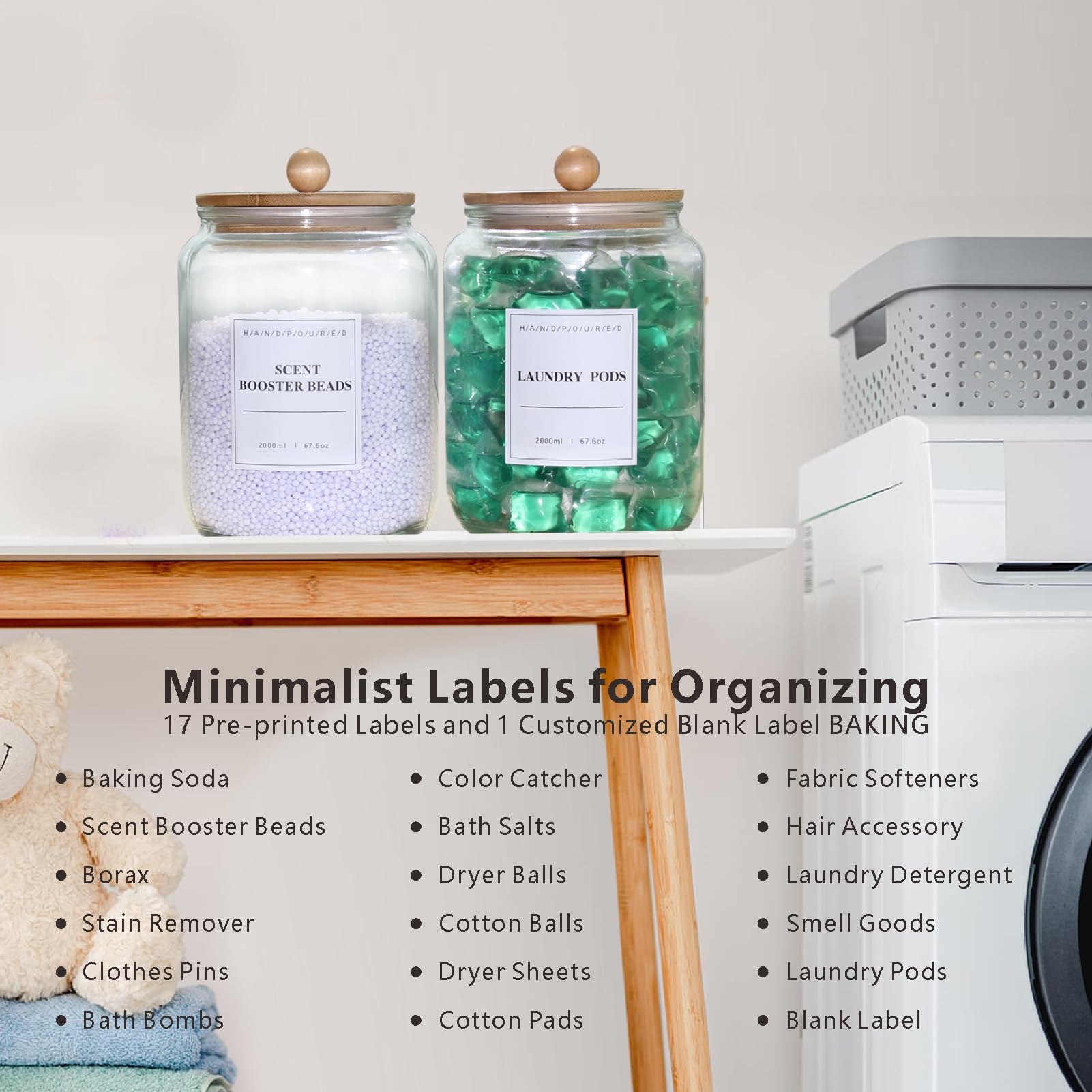 TAAMOG 2 Pack Half Gallon Glass Jars For Laundry Room Organization And Storage, Glass Containers With Bamboo Lids, 18 Pre-Printed Labels, 2 Measuring Cup, Airtight Seal, Dishwasher Safe