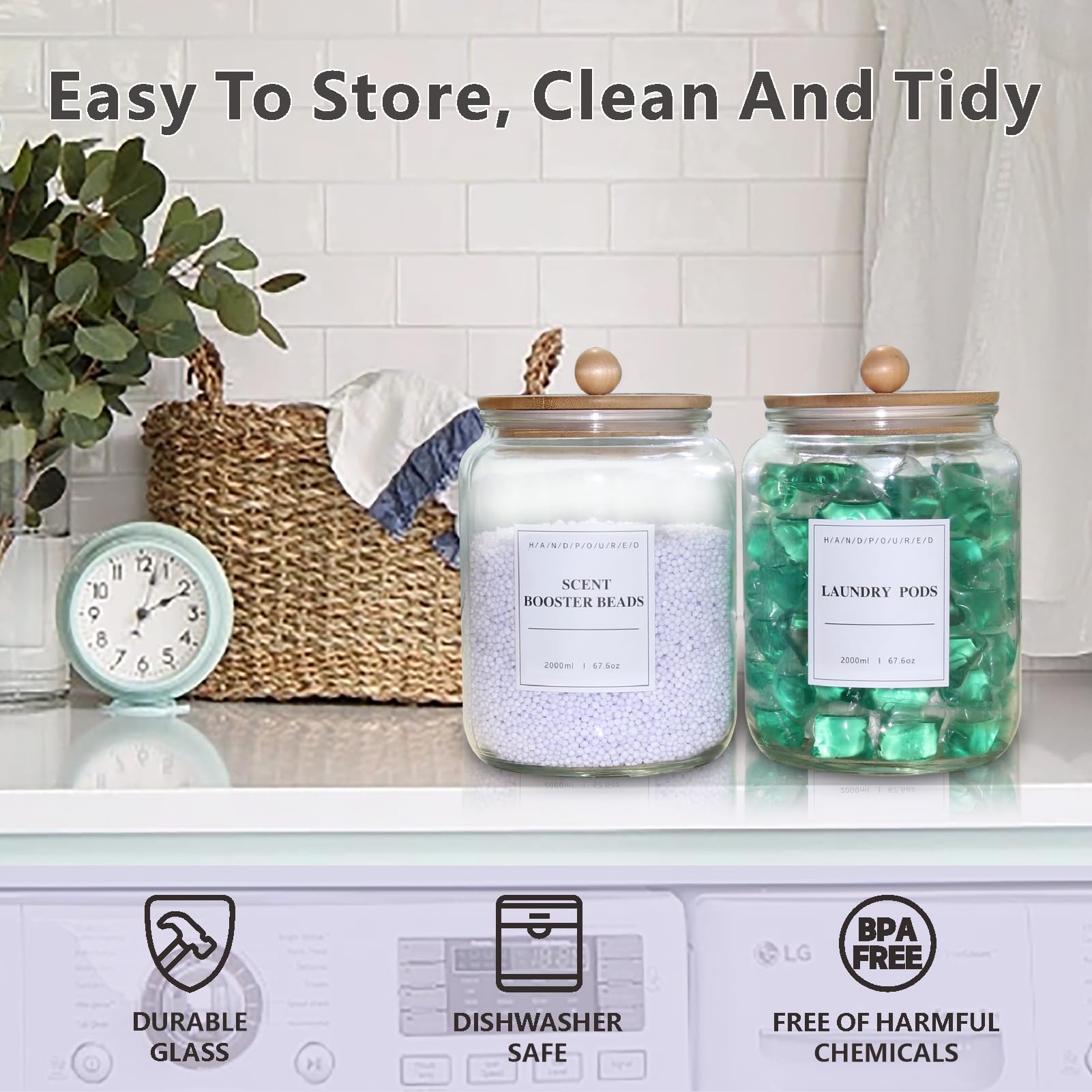 TAAMOG 2 Pack Half Gallon Glass Jars For Laundry Room Organization And Storage, Glass Containers With Bamboo Lids, 18 Pre-Printed Labels, 2 Measuring Cup, Airtight Seal, Dishwasher Safe