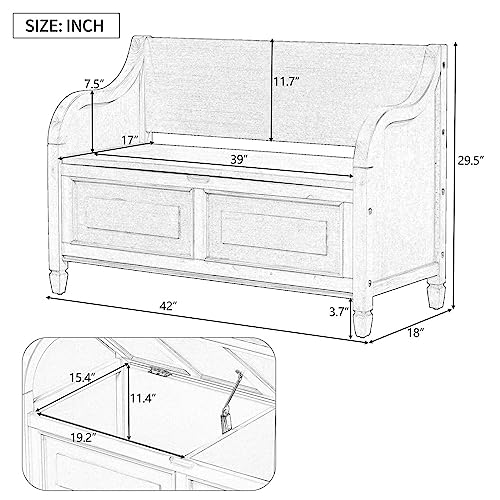 Appot WF299118AA 42" Storage Bench for Entryway, Rustic Style Solid Wood Multifunctional EntrywayBench with Safety armrests and backrests, EntrywayStorage for ShoeBench, ShoeCabinet, 1, Grey