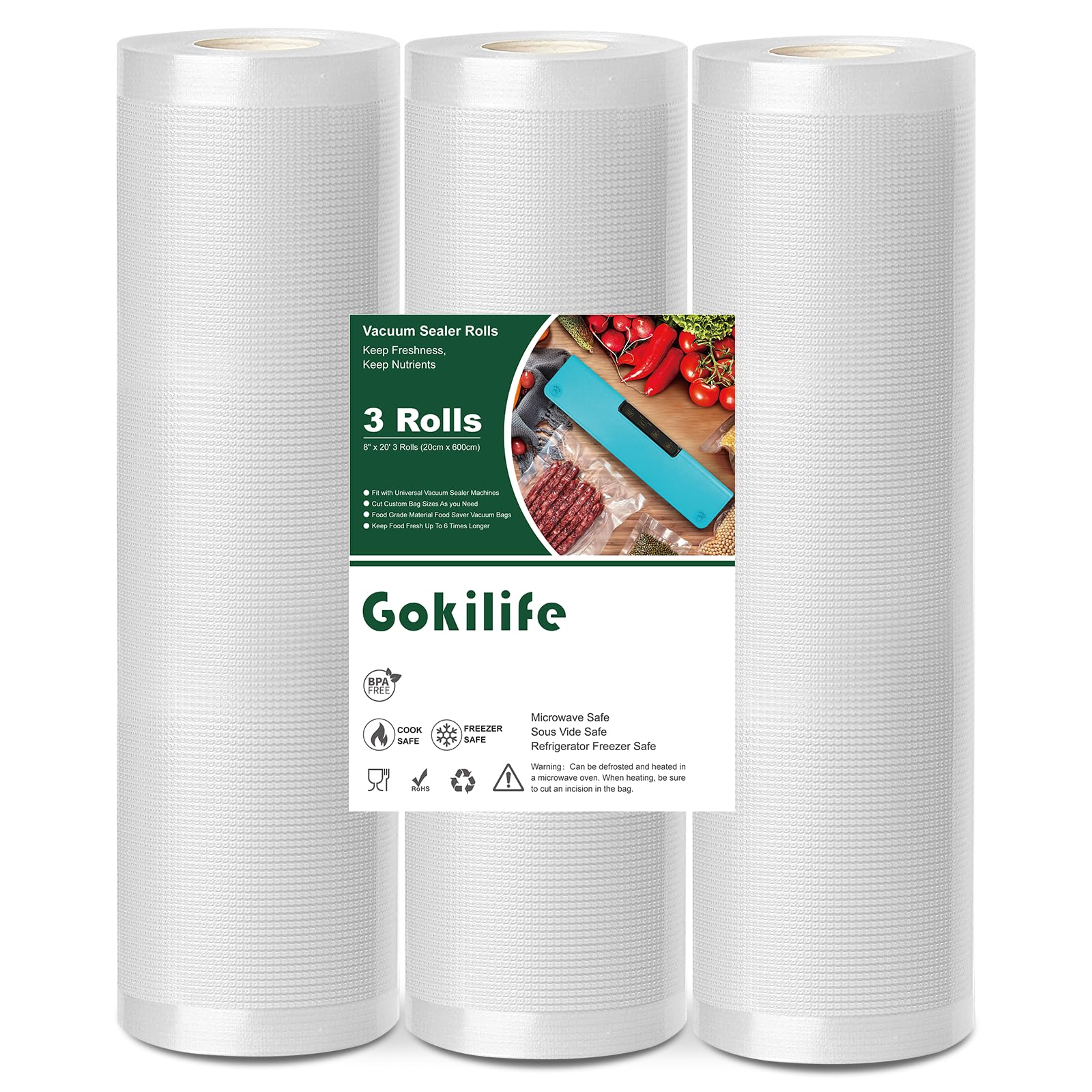 Gokilife Vacuum Sealer Bags for Food - 8" x 20' 3 Pack Food Saver Vacuum Sealer Bags Rolls, Commercial Grade Vacuum Sealer Bags Freezer Bags for Sous Vide Cooking, Storage, Meal Prep