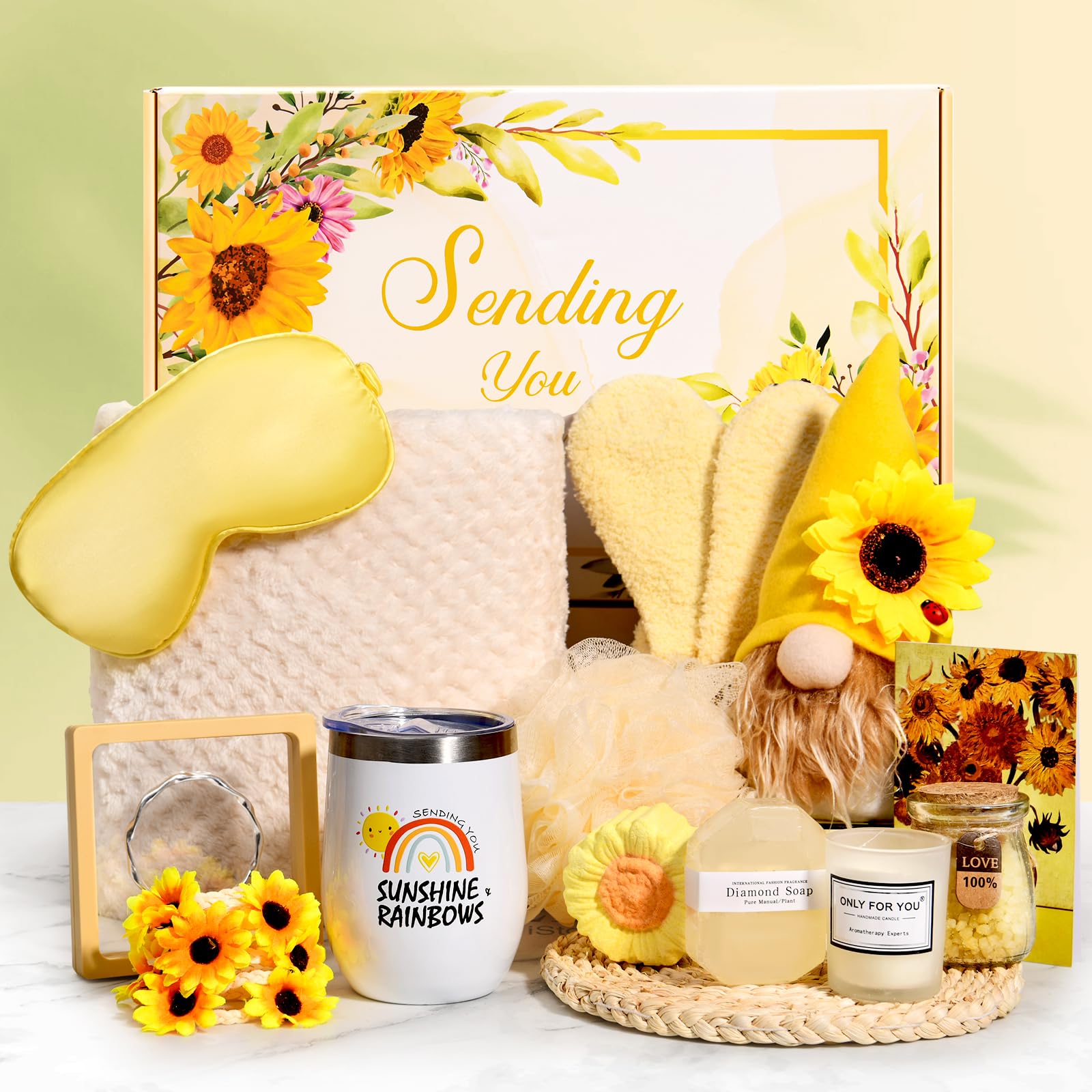 Sending Sunshine Gifts for Women - Sunflower Gifts,Care Package,Get Well Soon After Surgery Self Care Relaxation Spa Birthday Gifts Basket for Sister Best Friend Coworker Wife Mom Teacher (SUNSHINE)