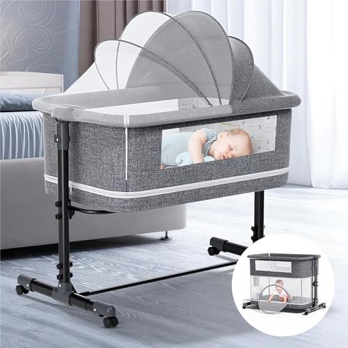 Ixdregan 3 in 1 Bassinet - Baby Bassinet with Comfy Mattress, 2023 New Bassinet Bedside Sleeper, Portable Bedside Bassinet for Baby Girl Boy with Wheels, Easy to Assemble (Grey)