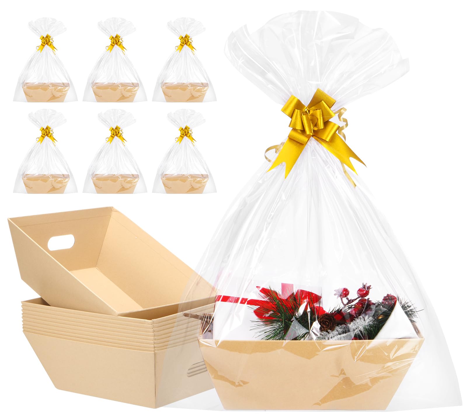 AFOROEOA 10PACK Baskets For Gifts Empty, 10x12”Thick Kraft Gift Basket with 10 Bows 10 Bags Empty Gift Baskets for Christmas, Valentine’s Day, Easter, Birthdays, Snacks, Farmers Market