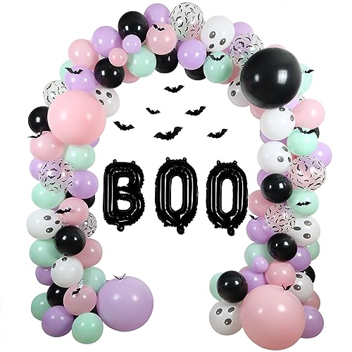 Halloween Baby Showers Decorations, 18" 10" 5" Pink Purple Black Balloons Halloween Balloon Arch Garland with Skull Balloons Bats Wall Stickers for Halloween Party Decorations