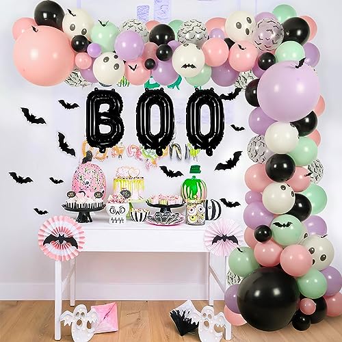 Halloween Baby Showers Decorations, 18" 10" 5" Pink Purple Black Balloons Halloween Balloon Arch Garland with Skull Balloons Bats Wall Stickers for Halloween Party Decorations