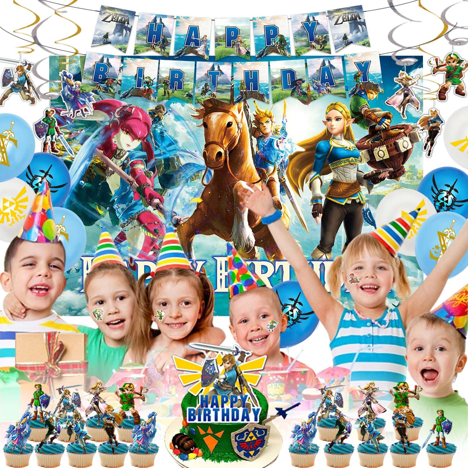 Liphontcta 101pcs Game Theme Party Supplies Includes Birthday Banner, Hanging Garden Sculpture Outdoor Decoration