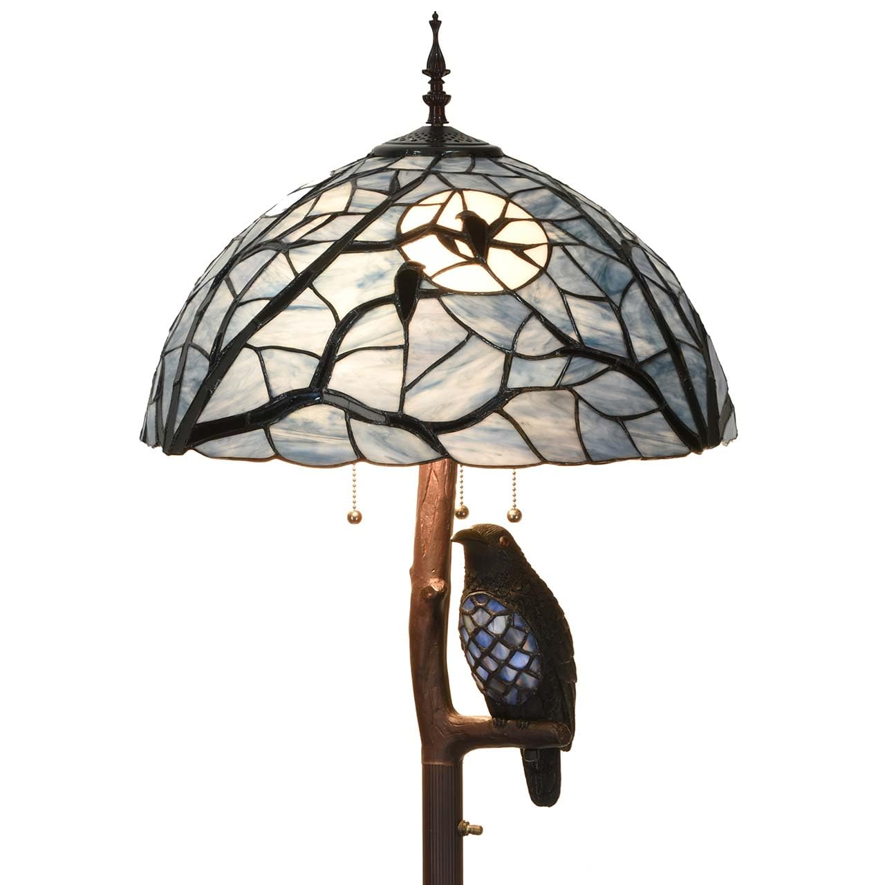 Bieye L10882 Ravens Sitting on Bare Tree Branch Against Full Moon Tiffany Style Stained Glass Floor Lamp with Raven Night Light Double Lit for Halloween Décor, 4-Light, 65 inches Tall (Dark Blue)