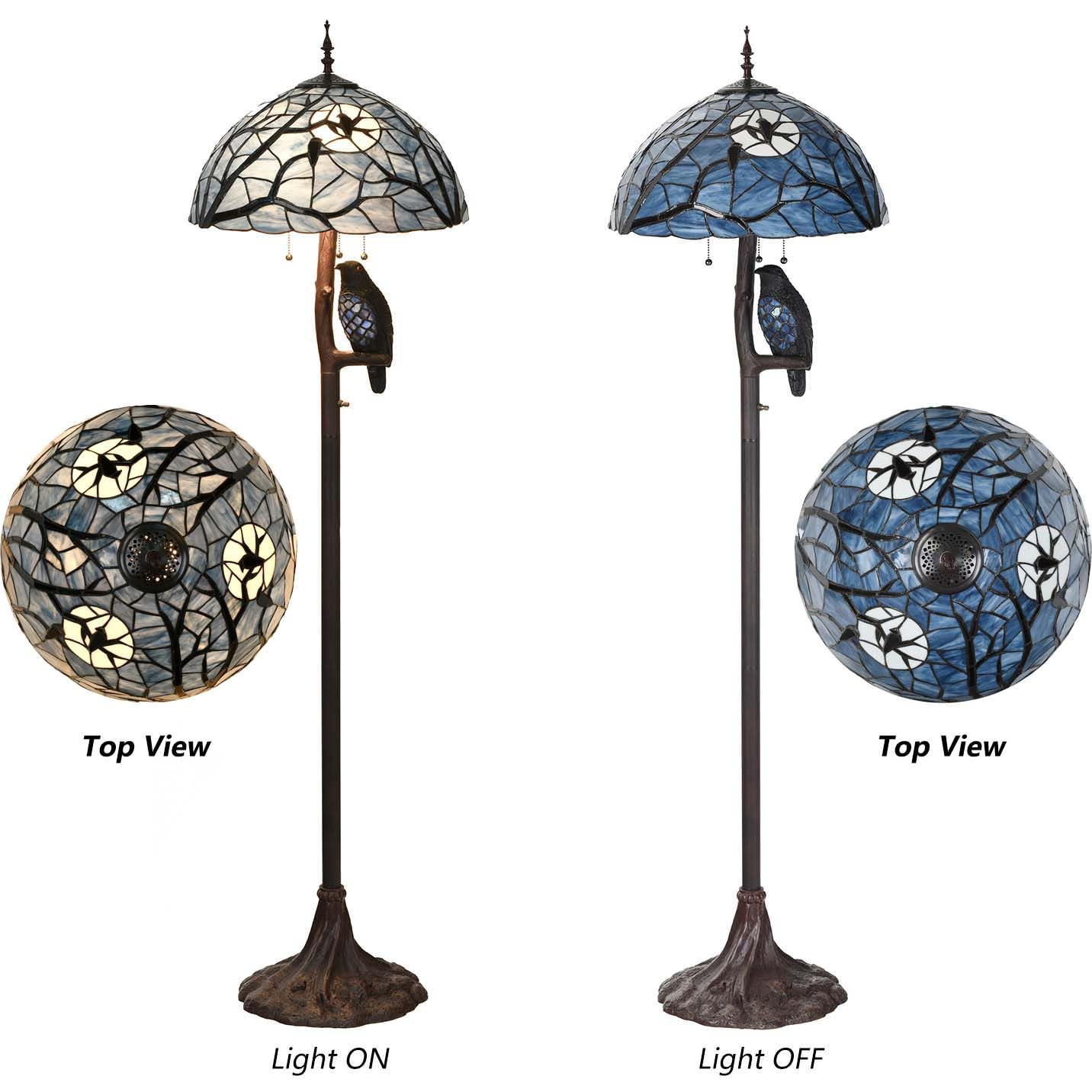 Bieye L10882 Ravens Sitting on Bare Tree Branch Against Full Moon Tiffany Style Stained Glass Floor Lamp with Raven Night Light Double Lit for Halloween Décor, 4-Light, 65 inches Tall (Dark Blue)