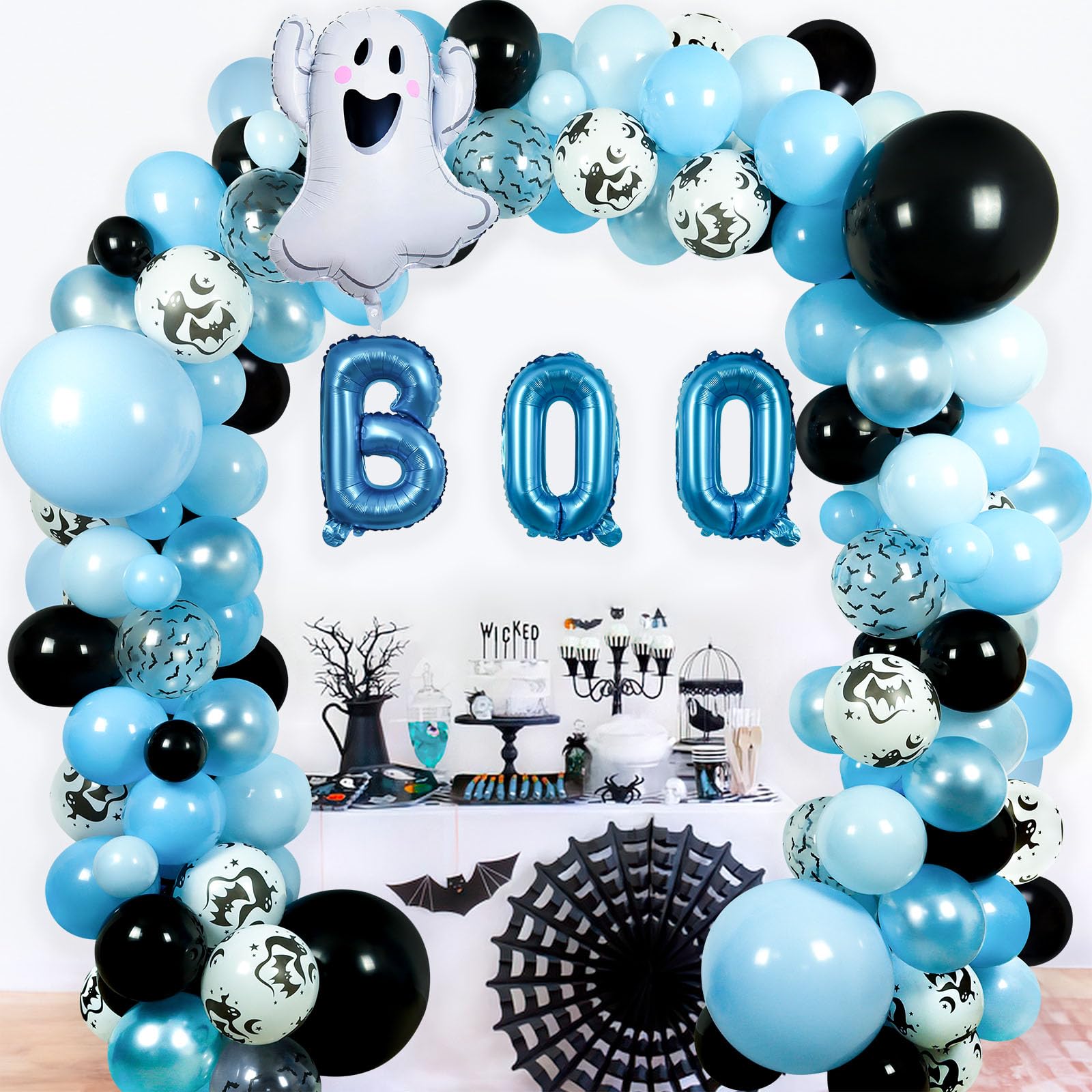 Halloween Baby Shower Decorations for Boy, Halloween Balloon Garland Arch Kit with Ghost-pattern Bats Foil Balloons For Halloween Day Party Decorations Halloween Themed Gender Reveal Party Supplies