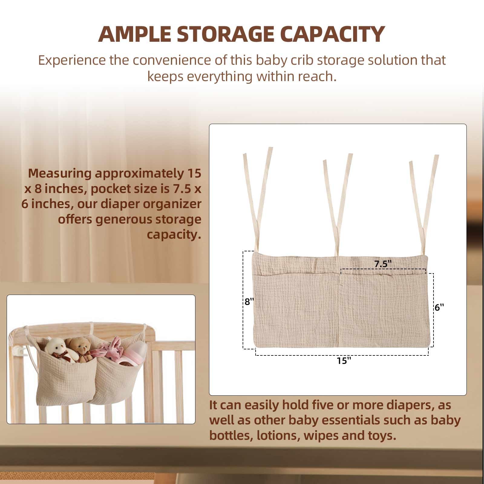 LuQiBabe 8"x15" Diaper Caddy and Organizer for Changing Table Crib Multi-Functional Hanging Diaper Stacker Nursery Organizer for Cribs Diaper Holder Baby Crib Hanging Storage and Accessories - Khaki