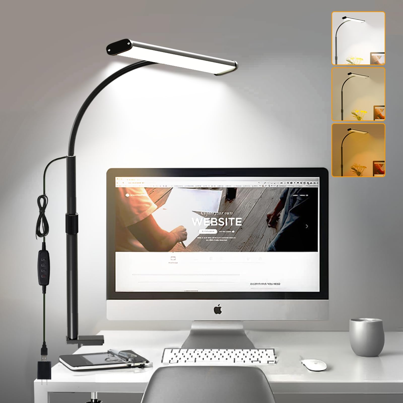 AWLYLNLL LED Desk Lamps for Home Office with USB Adapter, Eye-Caring Gooseneck Architect Desk Lamp with Clamp, 3 Colors Modes 8W Dimmable Brightness Desk Light for Workbench Study, Black