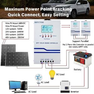 OOYCYOO MPPT Solar Charge Controller 60 amp, 12V 24V 36V 48V Auto 60A Solar Panel Charge Regulator, Max 160V Input with LCD Display for Lead-Acid Sealed Gel AGM Flooded Lithium Battery