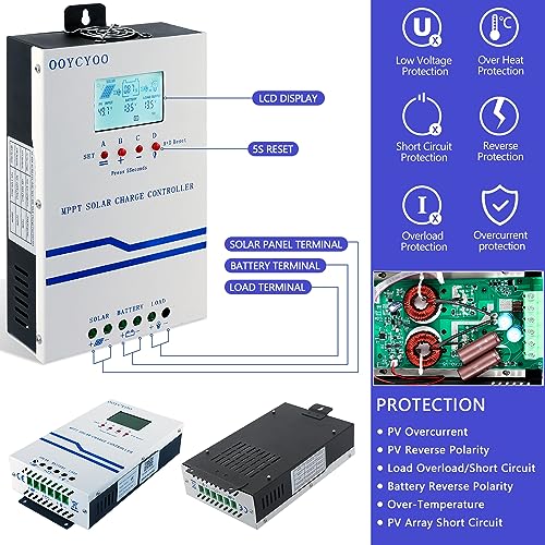 OOYCYOO MPPT Solar Charge Controller 60 amp, 12V 24V 36V 48V Auto 60A Solar Panel Charge Regulator, Max 160V Input with LCD Display for Lead-Acid Sealed Gel AGM Flooded Lithium Battery