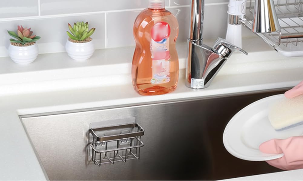 HOME&I Sponge Holder for Kitchen Sink, Stainless Steel Bathroom Caddy Dish Scrubbers and Soaps Holder Silver (Small)