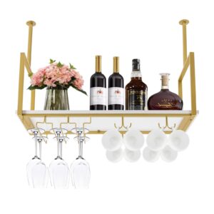 fetcoi rustic ceiling wine glass rack, 31.5 inch hanging metal wine rack with glass holder, mug holder and shelf, metal ceiling bar wine glass rack for bar cafe kitchen restaurant, gold