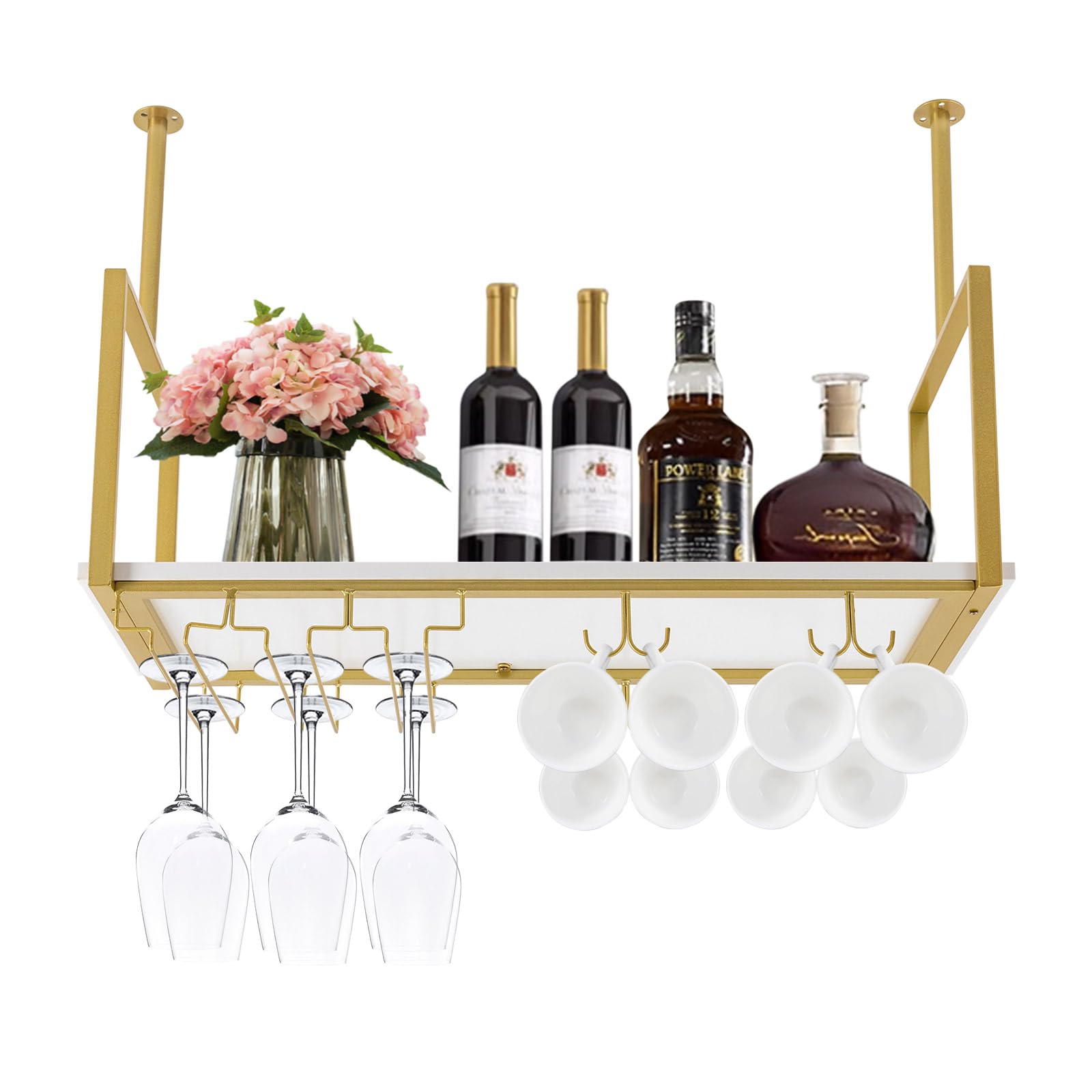 Fetcoi Rustic Ceiling Wine Glass Rack, 31.5 inch Hanging Metal Wine Rack with Glass Holder, Mug Holder and Shelf, Metal Ceiling Bar Wine Glass Rack for Bar Cafe Kitchen Restaurant, Gold