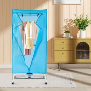 Portable Dryer 110V 1000W Electric Clothes Dryer Machine Fast Garment Dryer Heater 2-Tier Rolling Clothing Drying Rack with Wheels for Home Dorm Hotel Travel, Blue