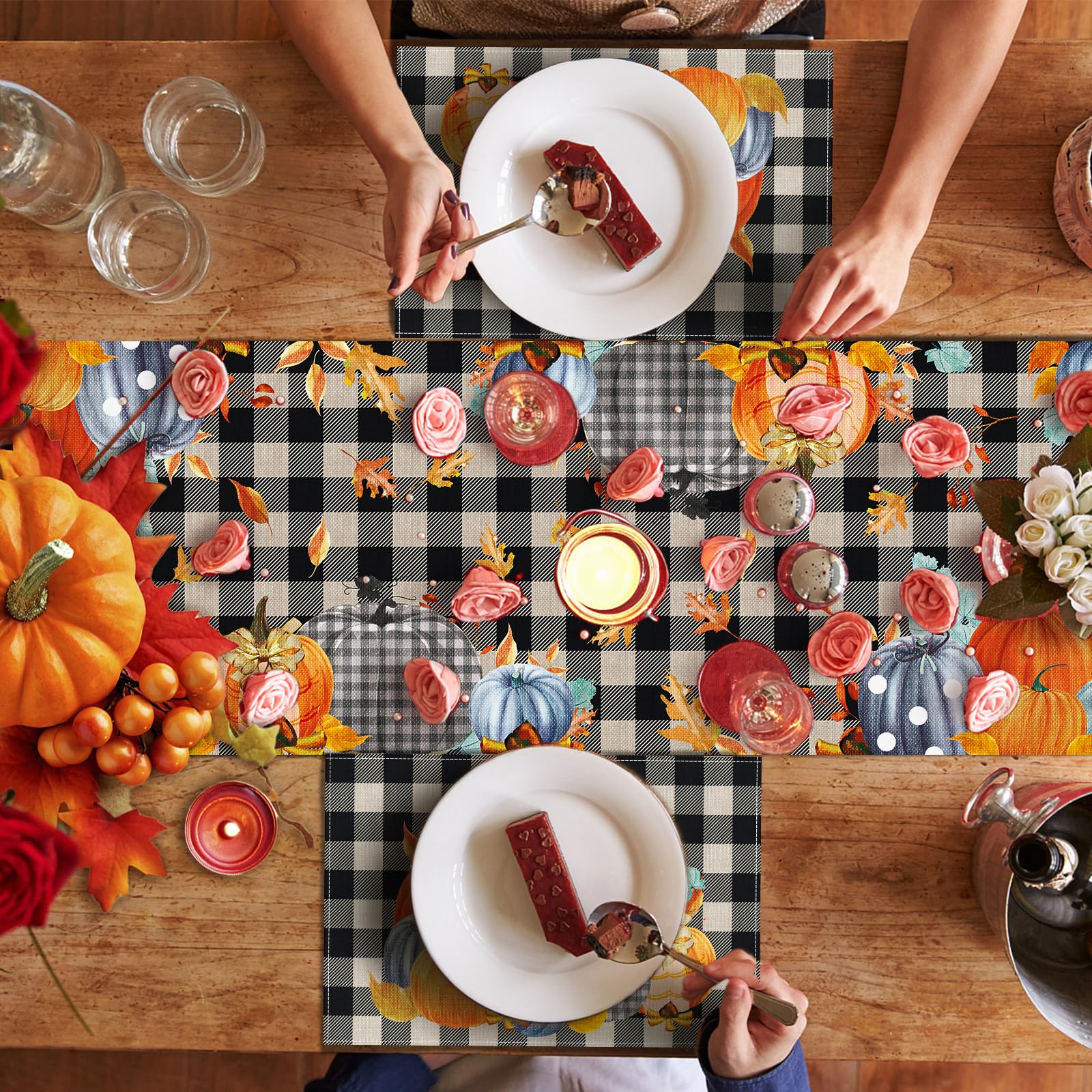 Fall Table Runner 72 Inches Long, Fall Placemats Set of 4, Long Burlap Thanksgiving Day Table Decor Runners, Orange Autumn Pumpkin Halloween Table Runner, Perfect Fall Table Decorations for The Home