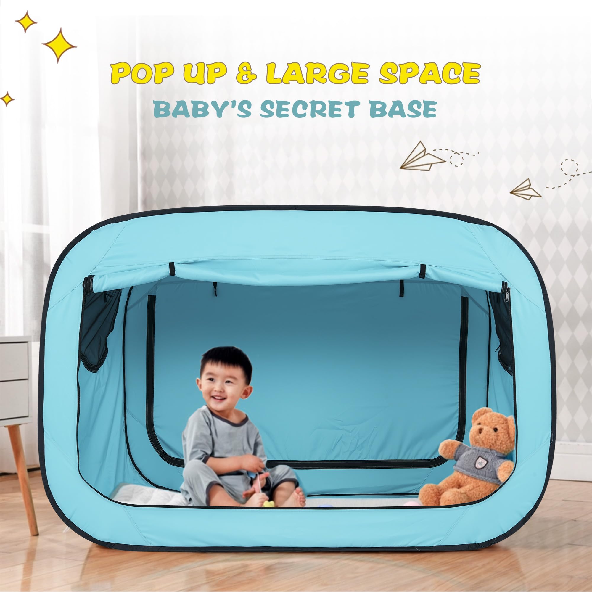 Poray Pop Up Baby Bed Tent Privacy Tent for Toddler Sleeping with 2 Zipper Doors,Breathable Mesh Windows and Portable Carry Bag (Blue)