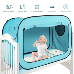 Poray Pop Up Baby Bed Tent Privacy Tent for Toddler Sleeping with 2 Zipper Doors,Breathable Mesh Windows and Portable Carry Bag (Blue)