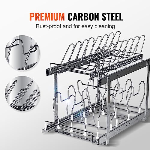 VEVOR Pan and Pot Rack, 2-Tier Expandable Pull Out Under Cabinet Organizer, 12"W, Carbon Steel, Double Tier